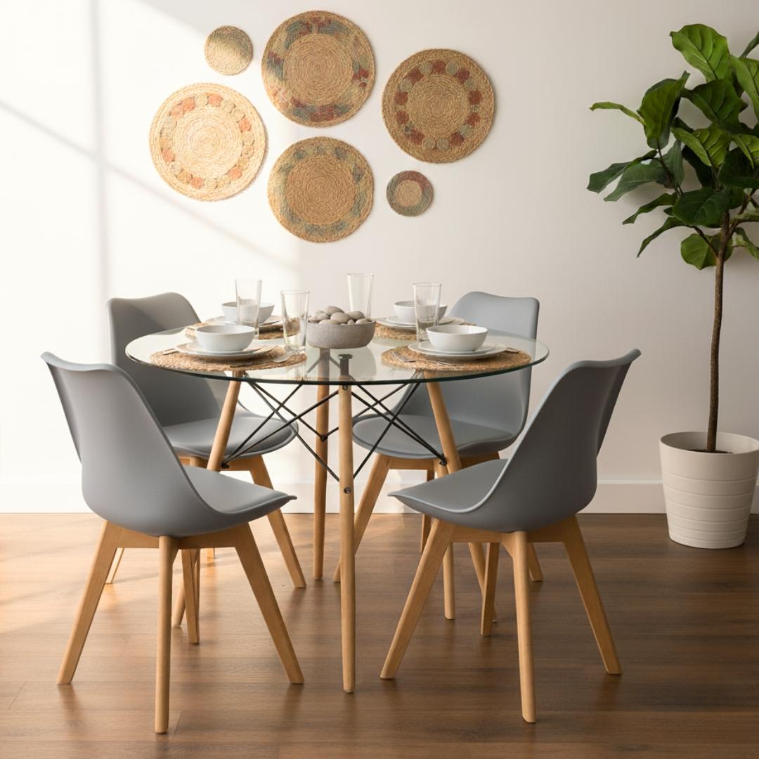 Comedor Mesa Redonda Elida 80cm + 4 Sillas Tulip Gris
