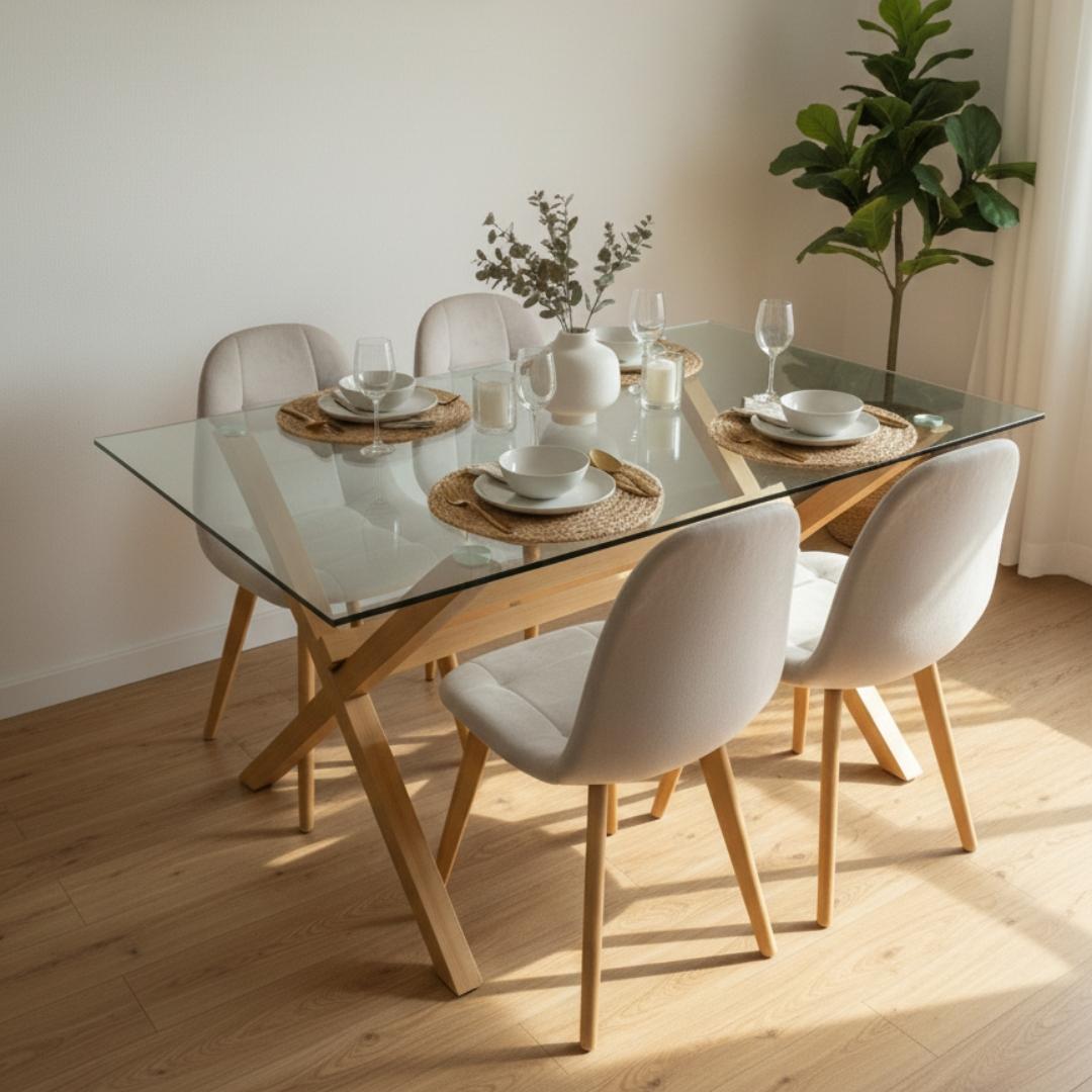 Comedor Mesa Xinia 130x80 + 4 Sillas Vorak Velvet Beige